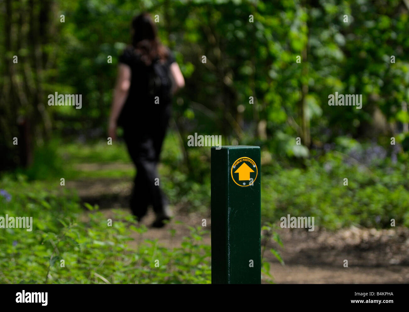 A signpost for a path with a woman walking in the background Stock ...