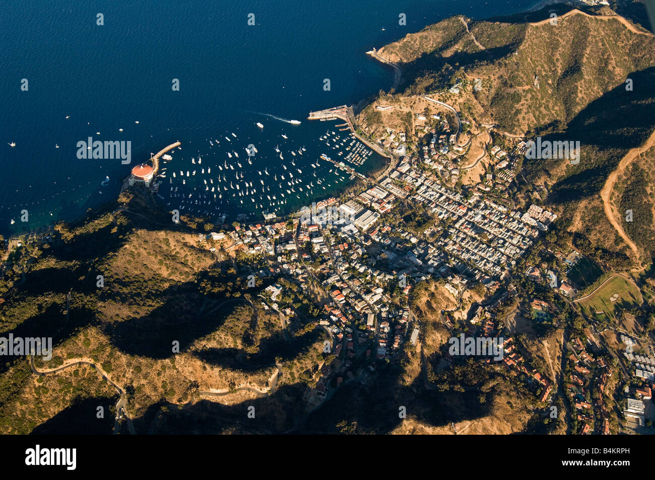 Aerial view of Avalon, town on Catalina Island of the California ...