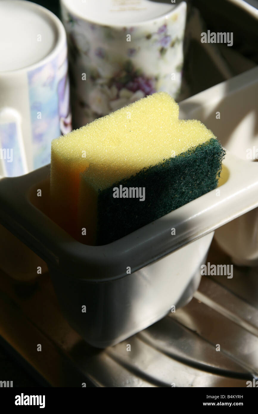 one washing up scourer sponge on kitchen sink Stock Photo - Alamy
