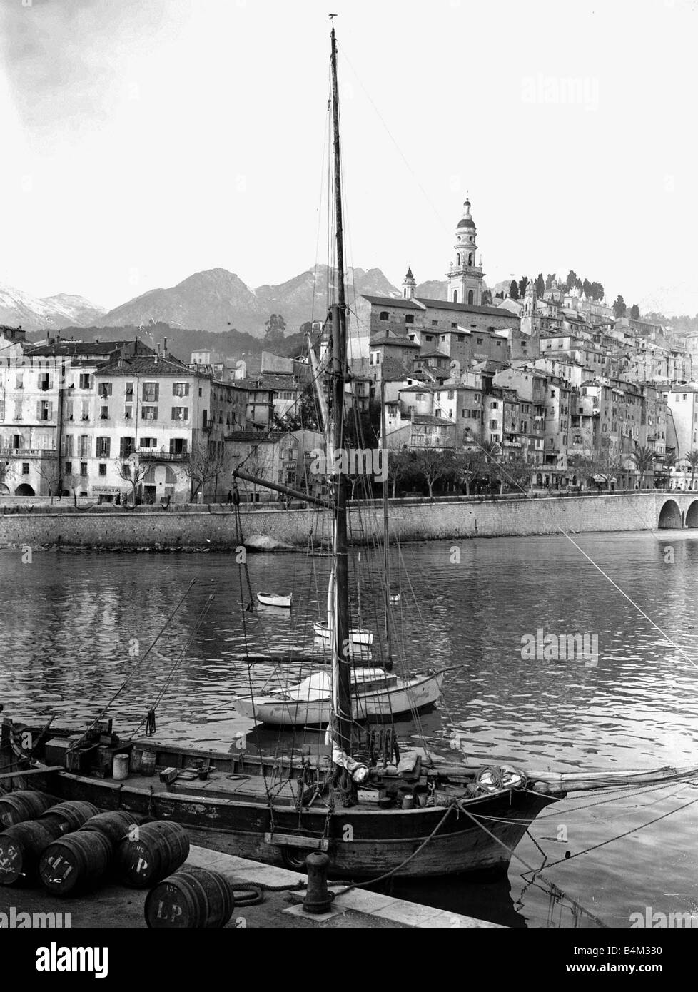 French port of Menton in France 1929 1920s boat harbour dock Stock ...