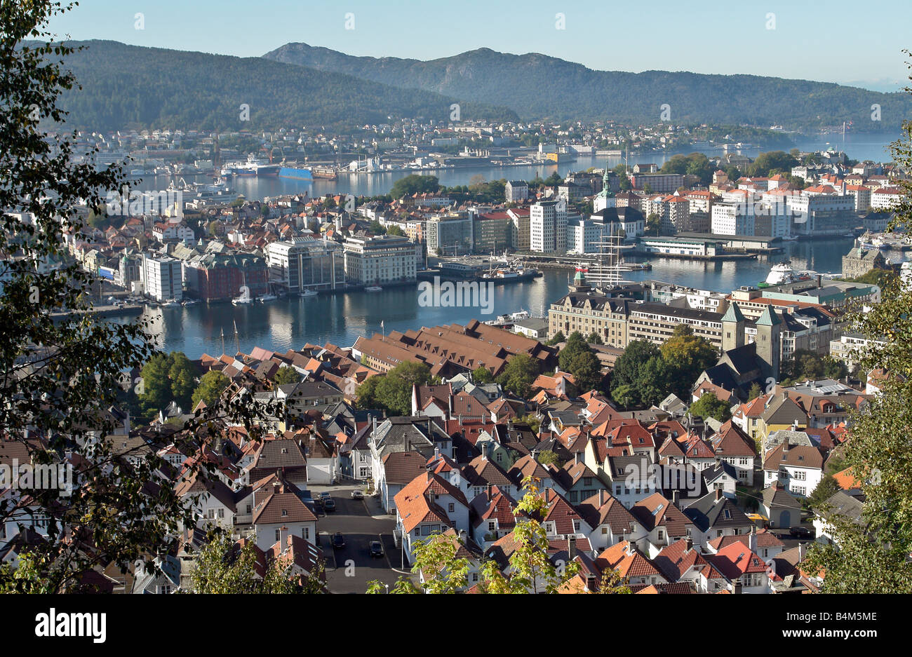 View from the top of Mount Floyen in Bergen over the harbour Stock ...