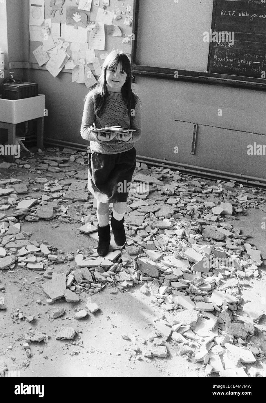 Ann Marie in the wrecked classroom after the roof fell in 1984 Stock ...