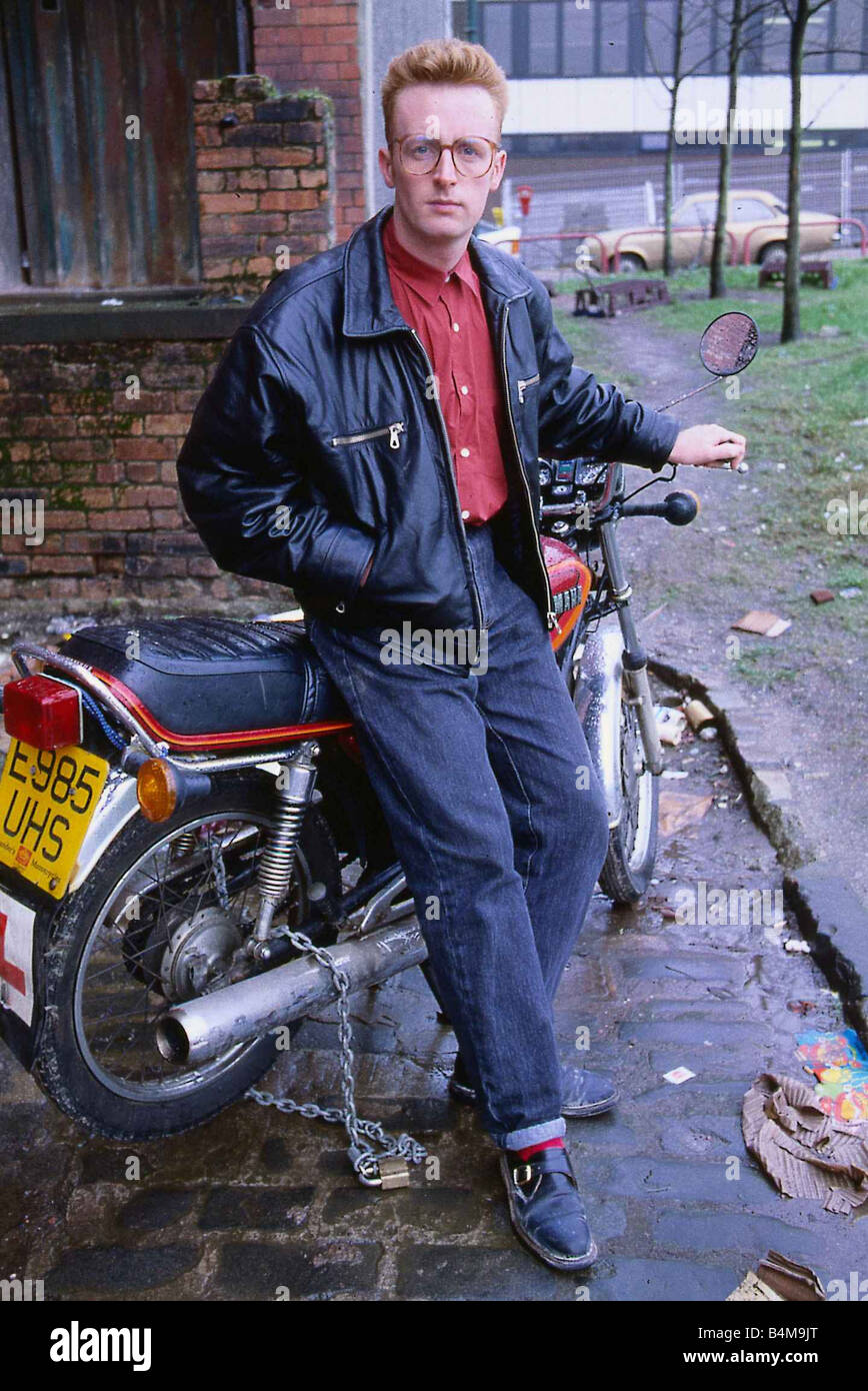 TV presenter Bryan Burnett sitting on motorcycle 1990 Stock Photo - Alamy