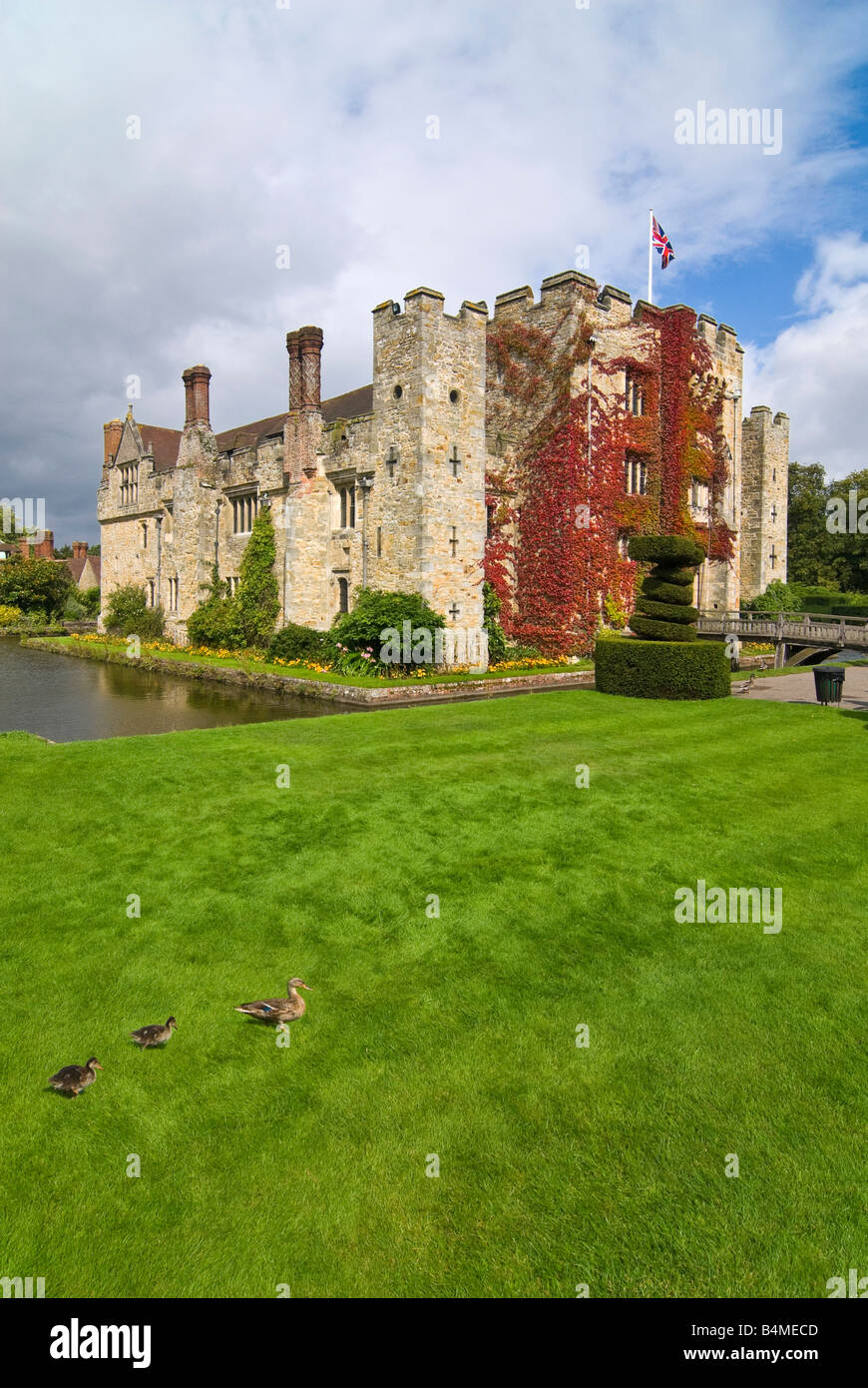 Vertical wide angle of the exterior of Hever Castle and the surrounding ...