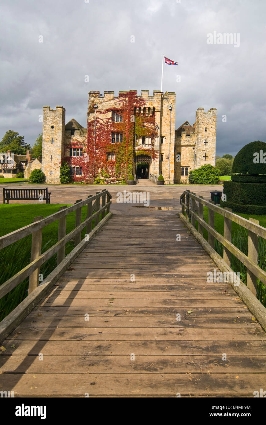 Vertical wide angle of the front exterior of Hever Castle in the ...