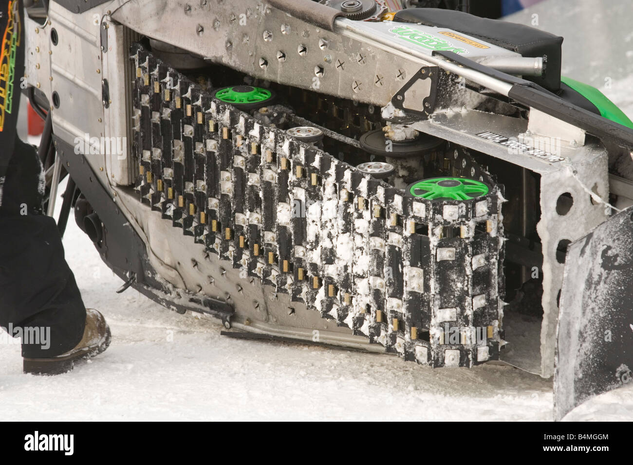 Spiked track of a racing snowmobile at the I 500 Snowmobile race in ...