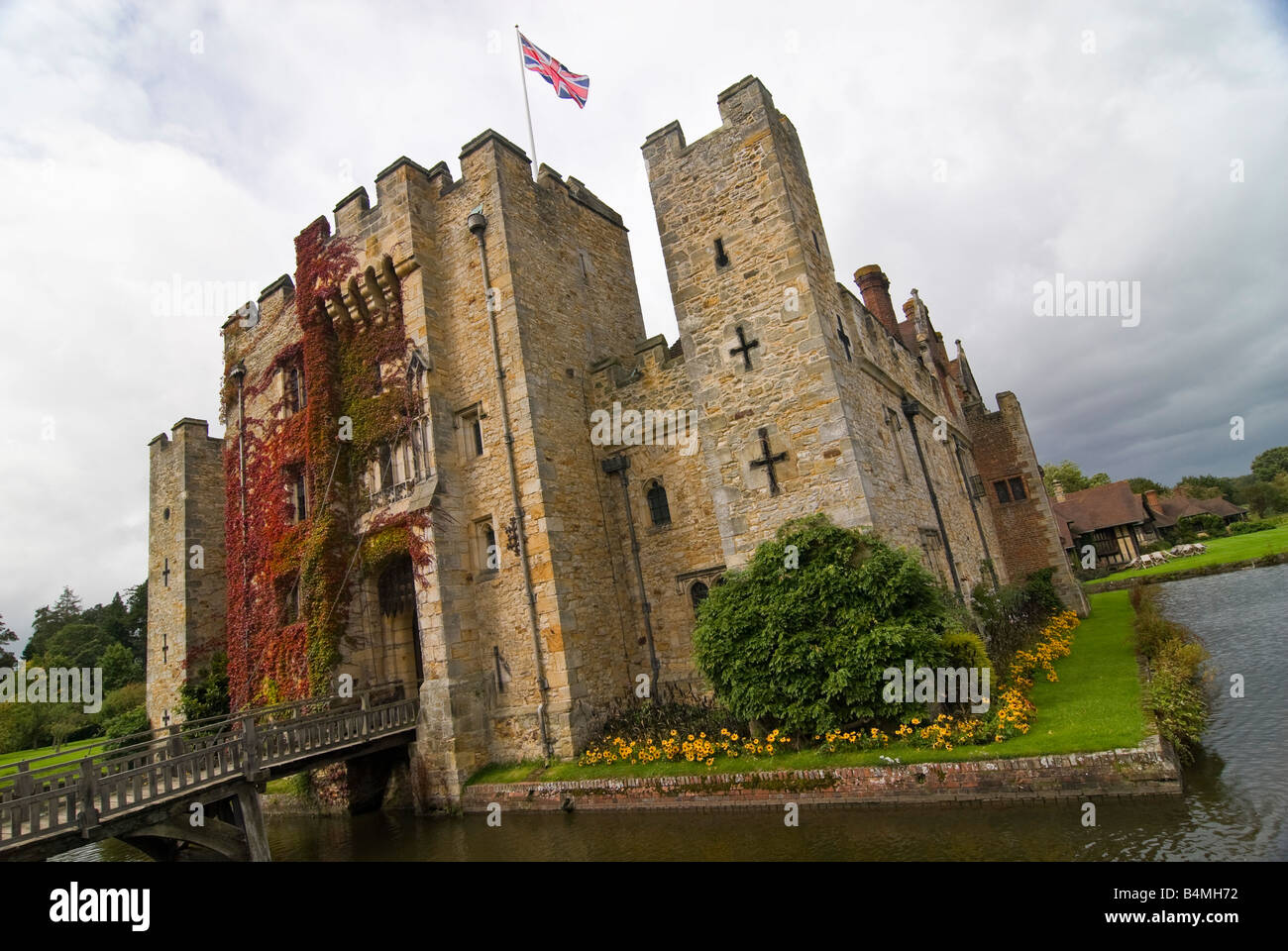 Horizontal wide angle of the front exterior of Hever Castle with the ...
