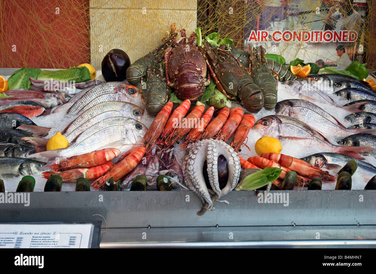 Seafood on display in front of restaurant in Rethymnon Crete Greece ...