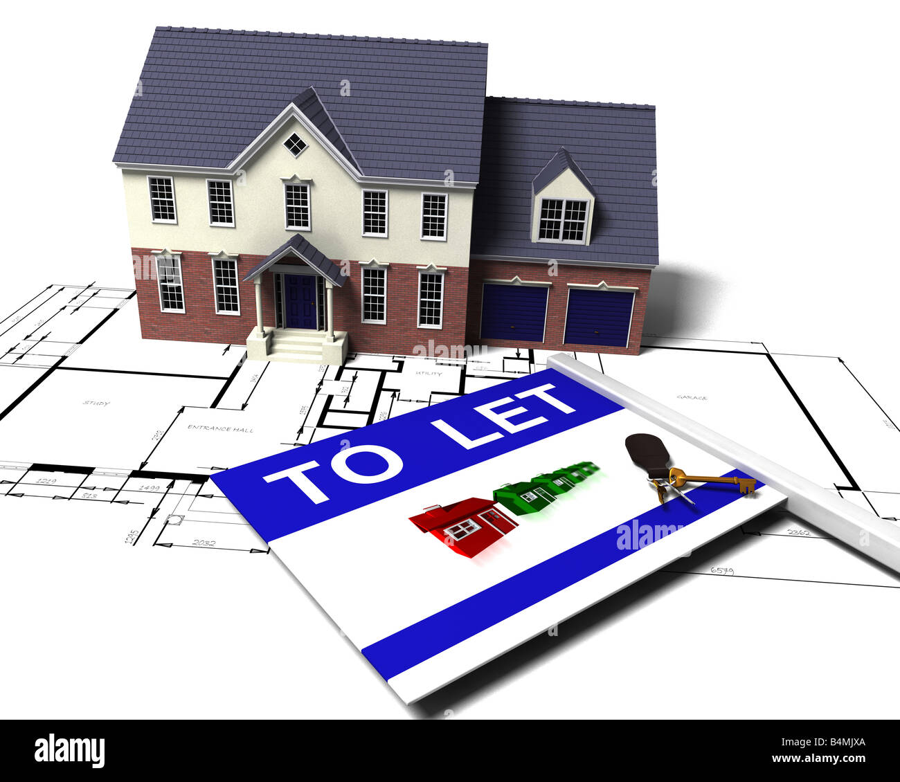 3D render of a house on blueprints with to let sign and bunch of keys ...