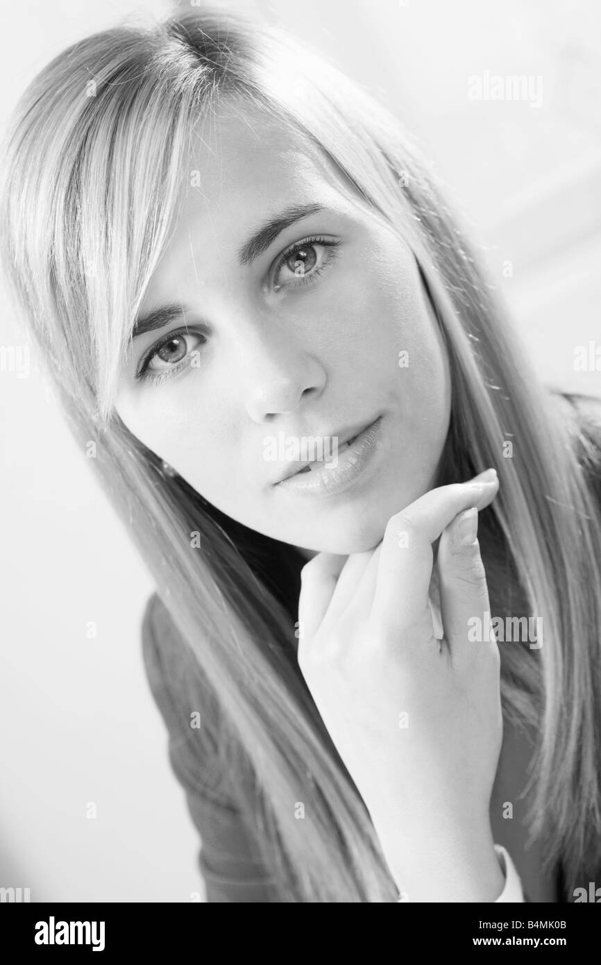 Black and white portrait of a beautiful young caucasian woman Stock ...