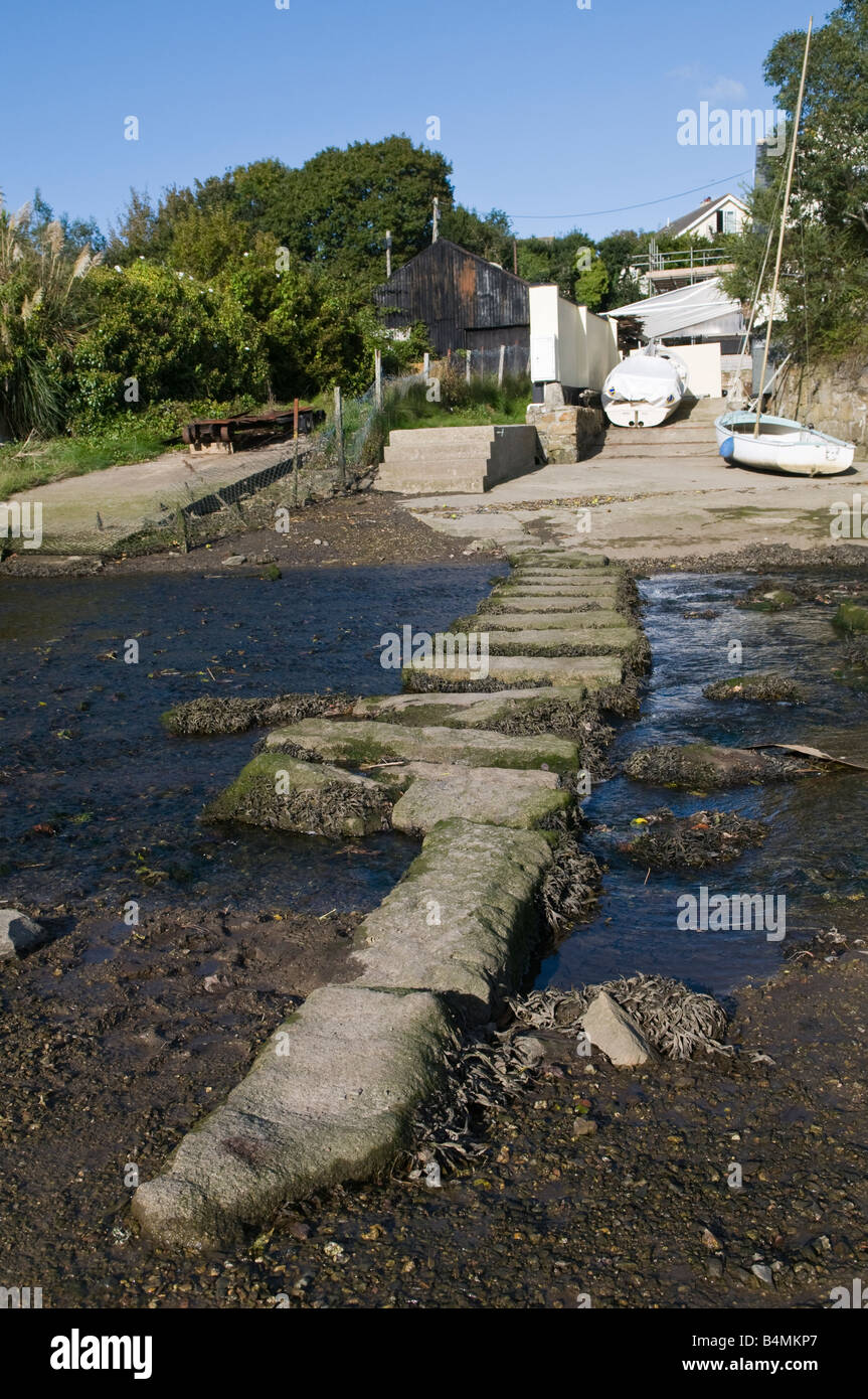 Stepping stones across the river, Mylor Bridge, Cornwall Stock Photo ...