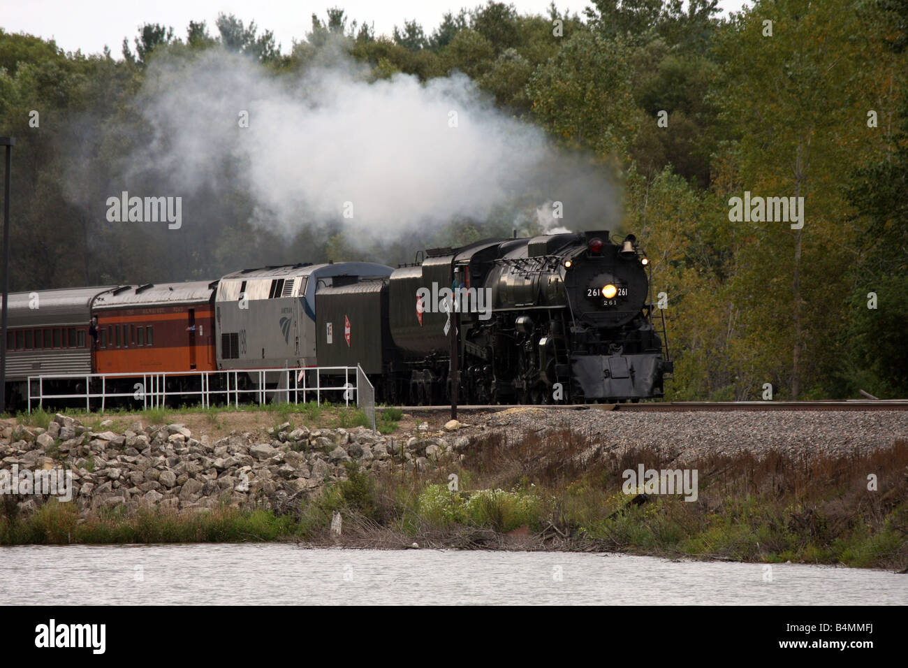 The Milwaukee Road Steam Train 261 speeding up the track towards ...