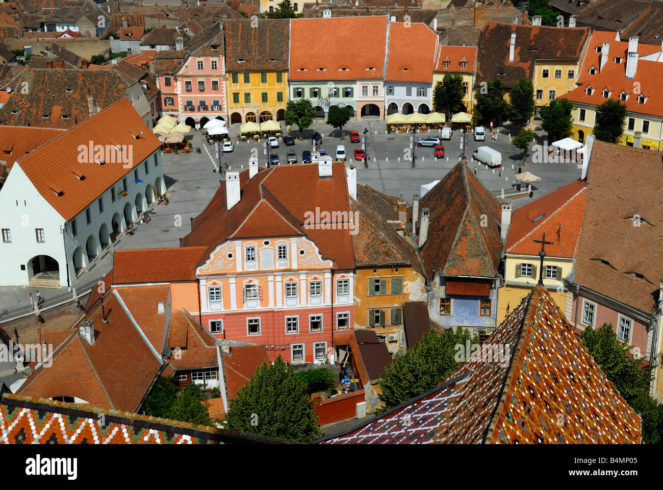 Aerial view of Piata Mica from tower of the Evangelical Cathedral Sibiu ...
