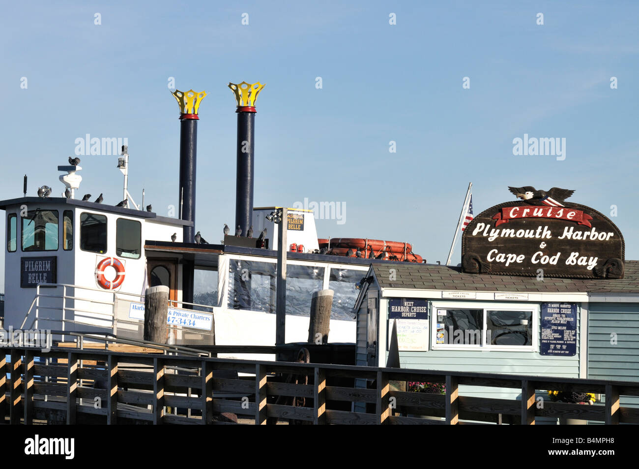 Plymouth Harbor and Cape Cod Bay tour boats, ticket booth and signs ...