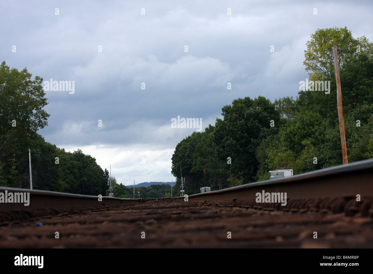 Railroad tracks and signals during a rainy day in Fall Wisconsin Stock ...