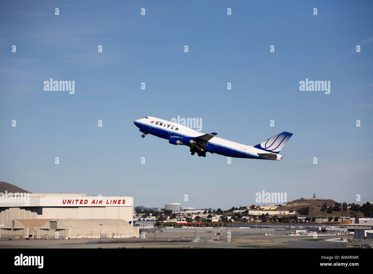 United Airlines UAL Boeing 747 jumbo jet airplane taking off at San ...