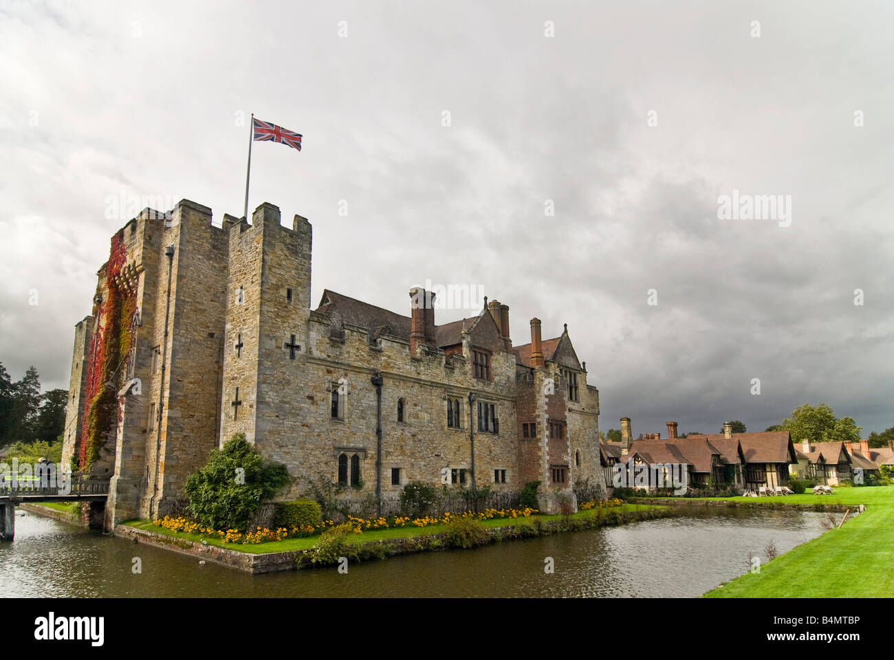 Horizontal wide angle of the front exterior of Hever Castle with the ...