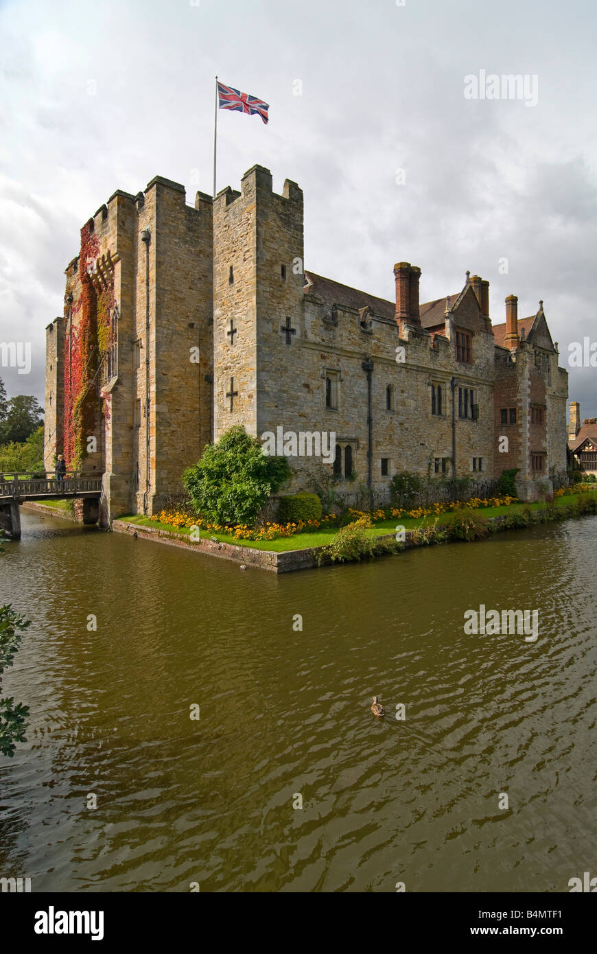 Vertical wide angle of the exterior of Hever Castle and the surrounding ...