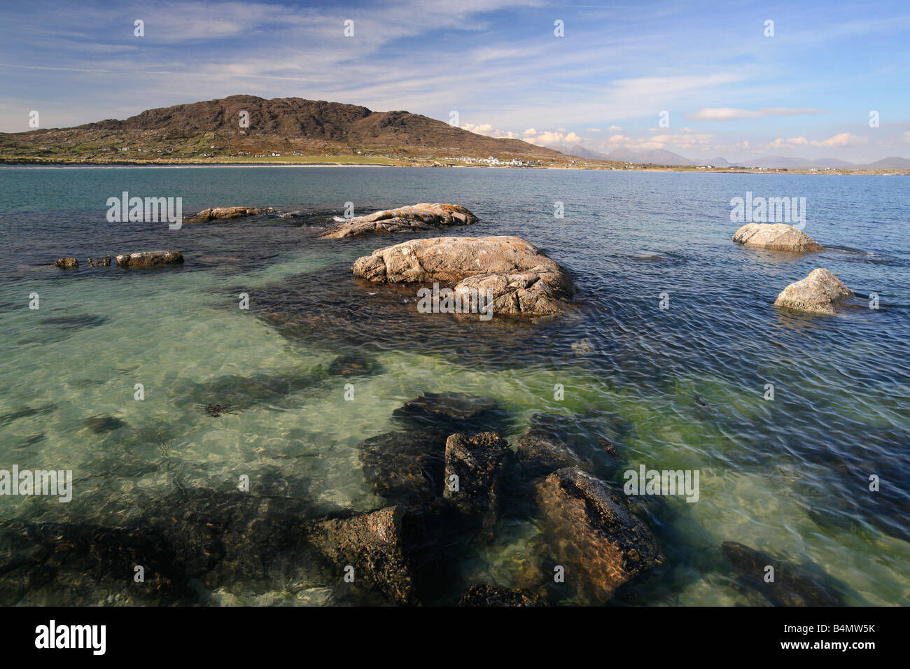 Gurteen Bay near Roundstone with view of mountain Errisbeg, Connemara ...