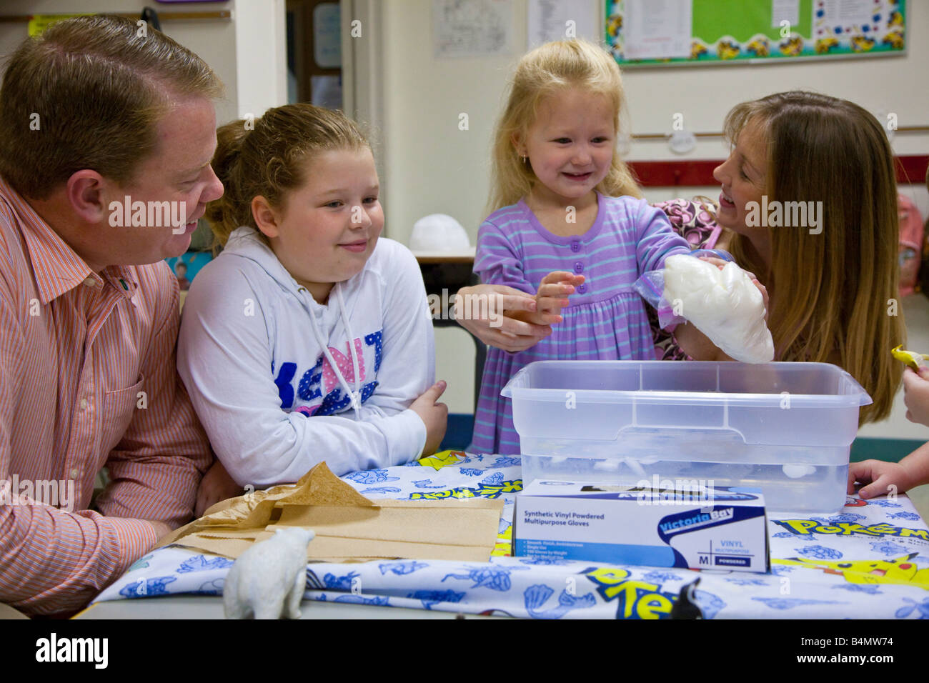 Family watches preschool daughter and teacher perform science ...