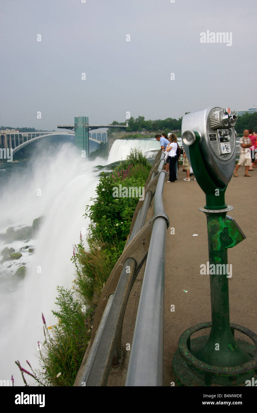 Edge of Niagara Fall Bridal Veil American side in NY USA with telescope ...