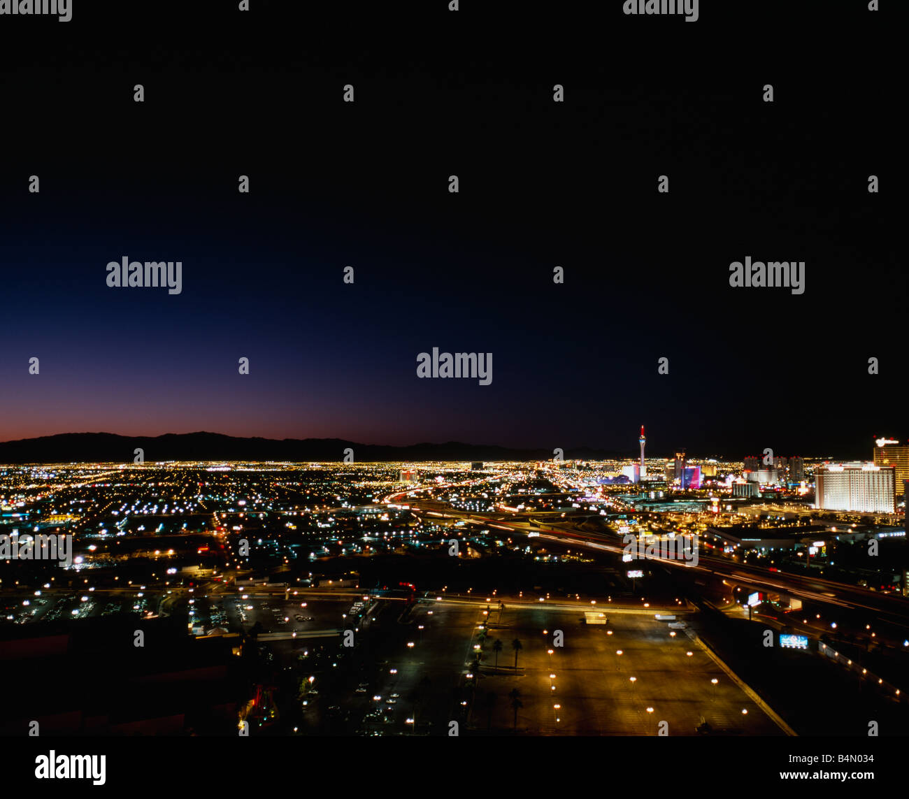 High angle night view of the Las Vegas Boulevard looking North Stock ...
