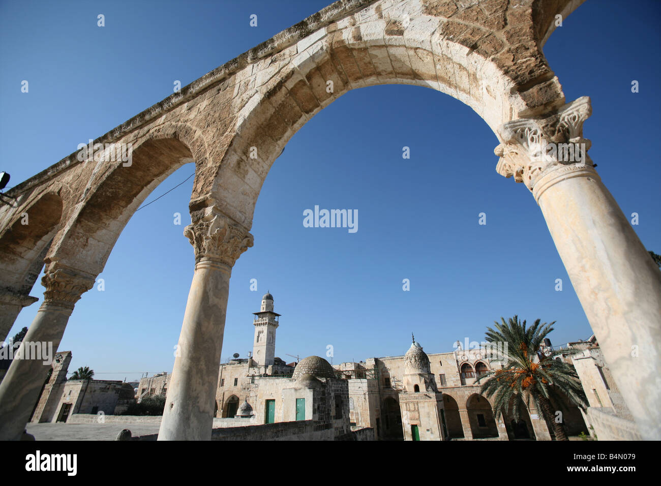 A closeup of ancient columns near the Dome of the Rock on Temple Mount ...