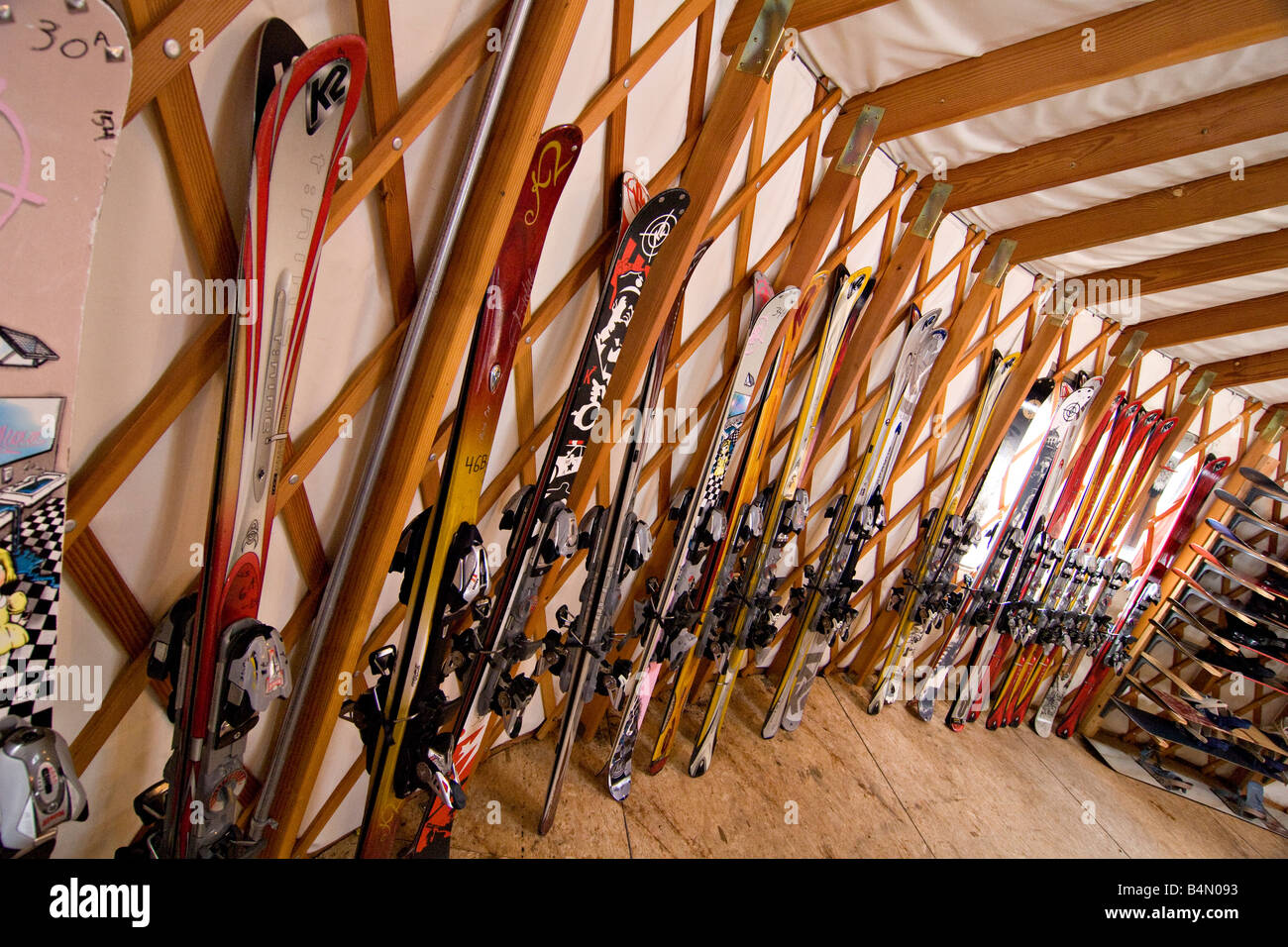 Skis line the walls of a yurt at Mount Bohemia ski resort in Michigans ...
