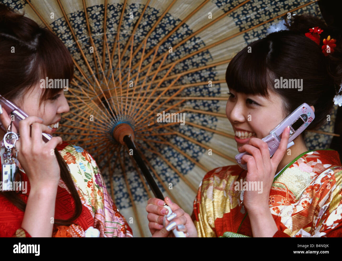 2 Japanese Girls With Umbrella On Coming Of Age Day Using Their Cell Phone Model Released No P