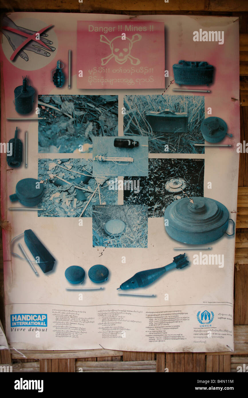 Poster showing various kinds of landmines in the area near the Longneck ...