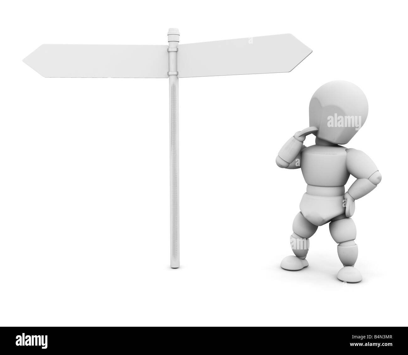 3D render of someone stood below signs deciding which way to go Stock ...
