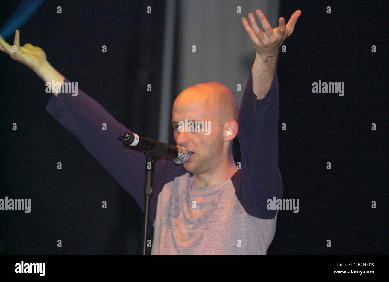 Homelands Rave Ayr June 2000 Moby pop singer hands raised singing into ...