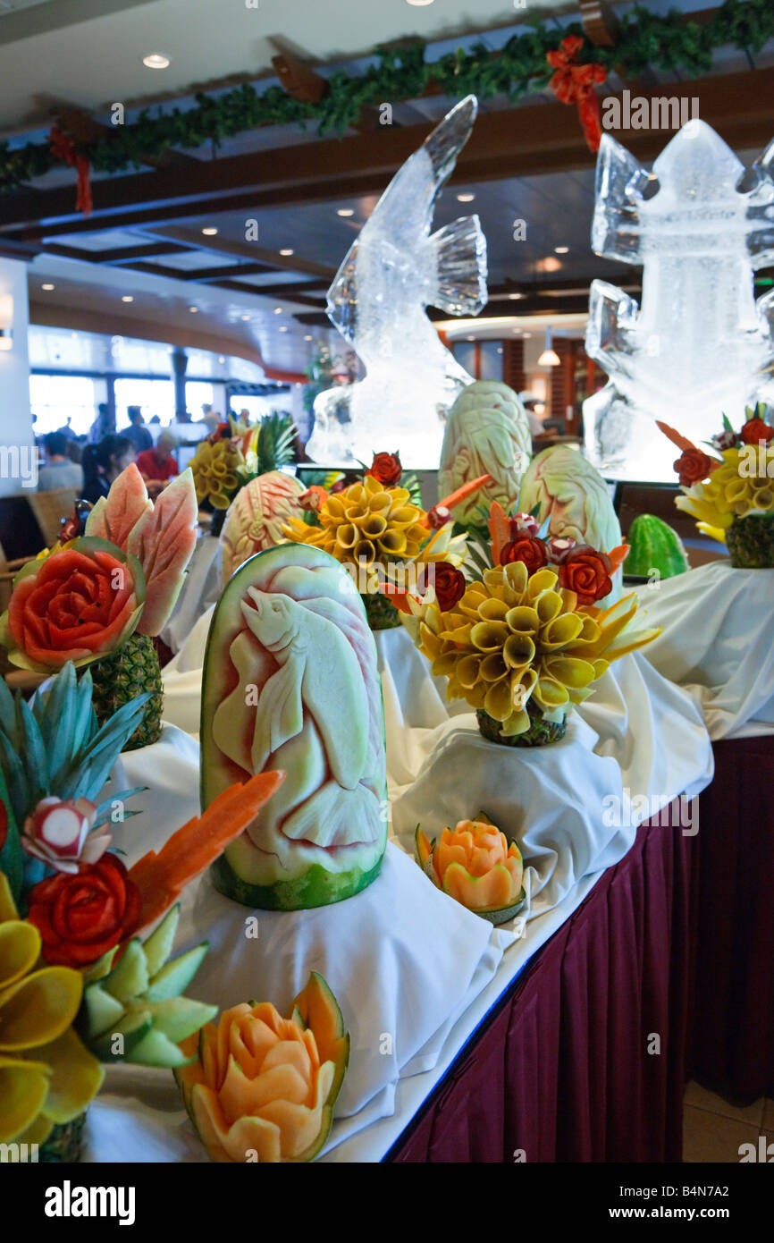Display of carved fruit and ice sculptures on Caribbean cruise ship ...