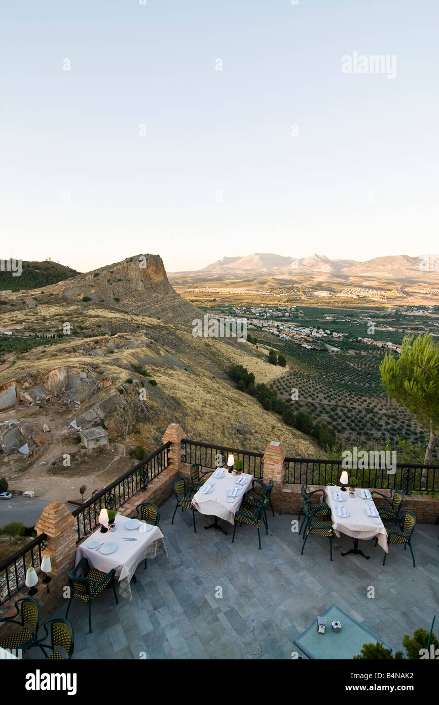 Restaurant balcony with mediterranean background Stock Photo - Alamy