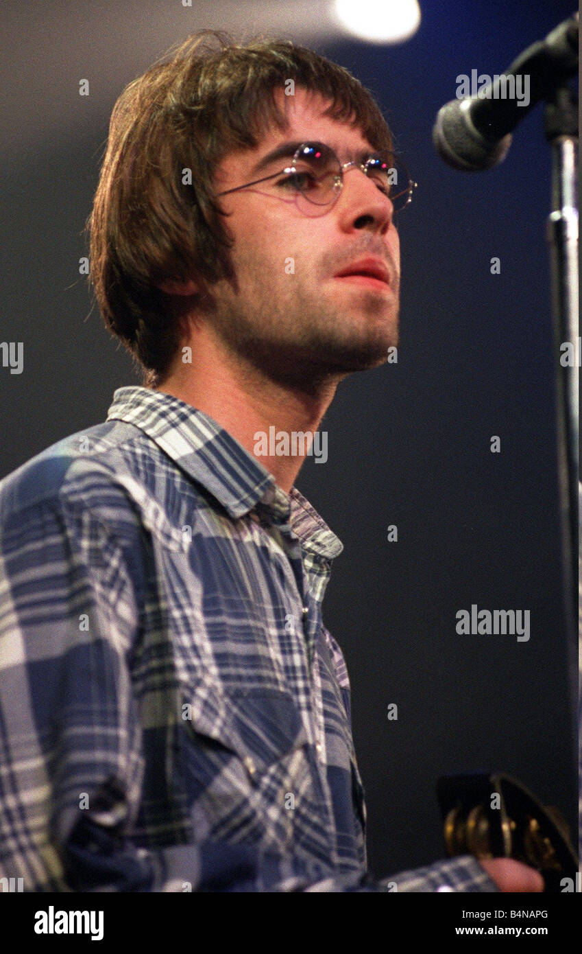 Liam Gallagher of pop group band Oasis on stage at Ingliston showground ...