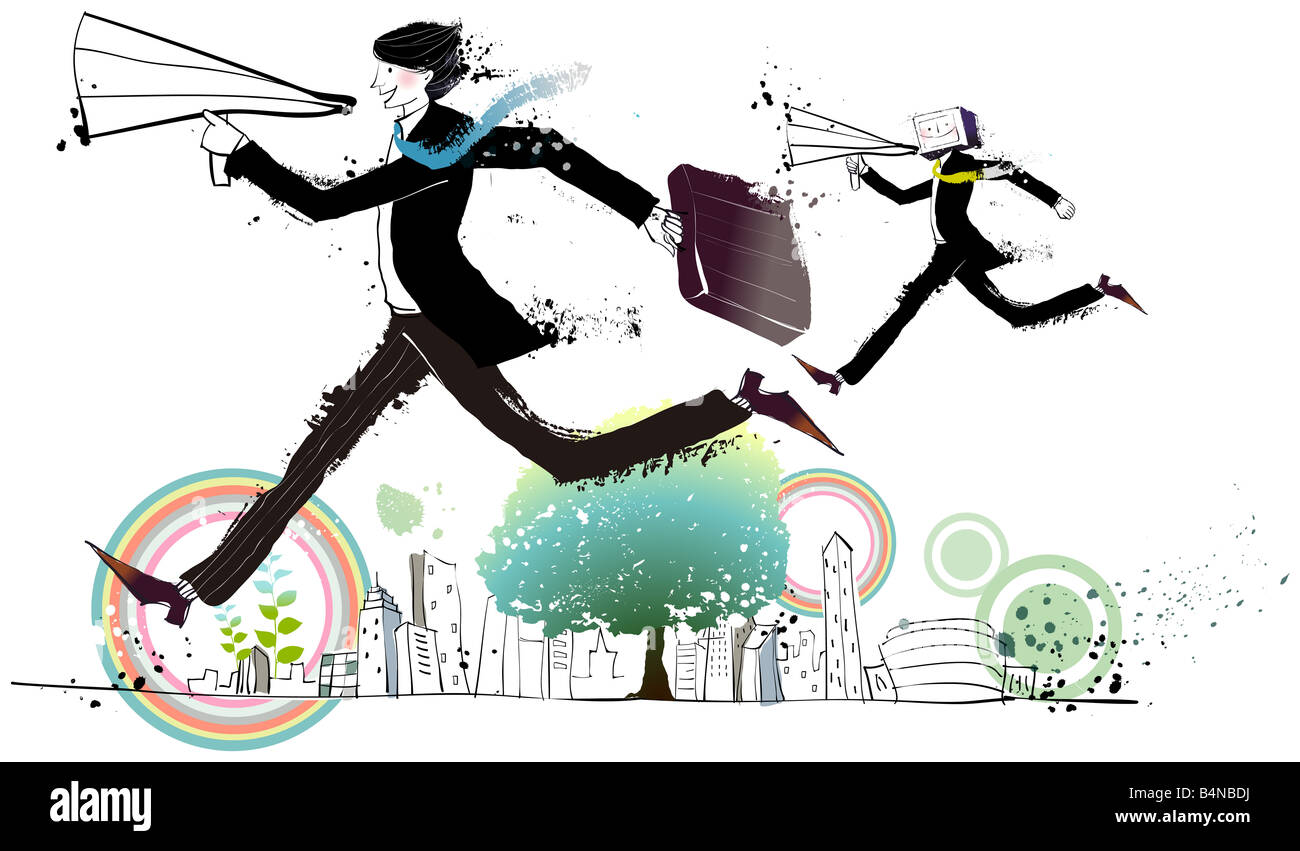 Businessmen holding megaphone, running, side view Stock Photo - Alamy