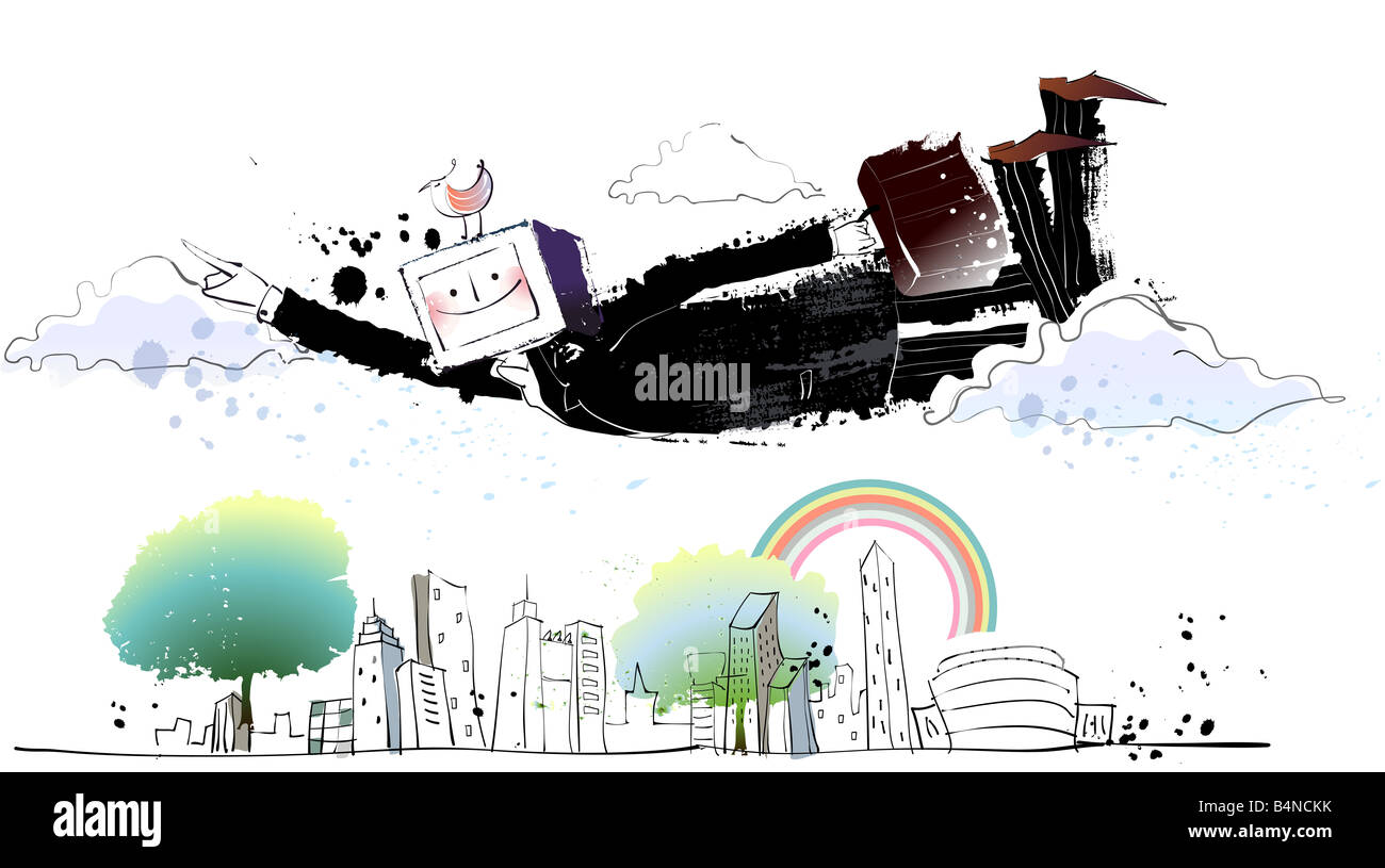 Businessman holding briefcase and flying Stock Photo - Alamy