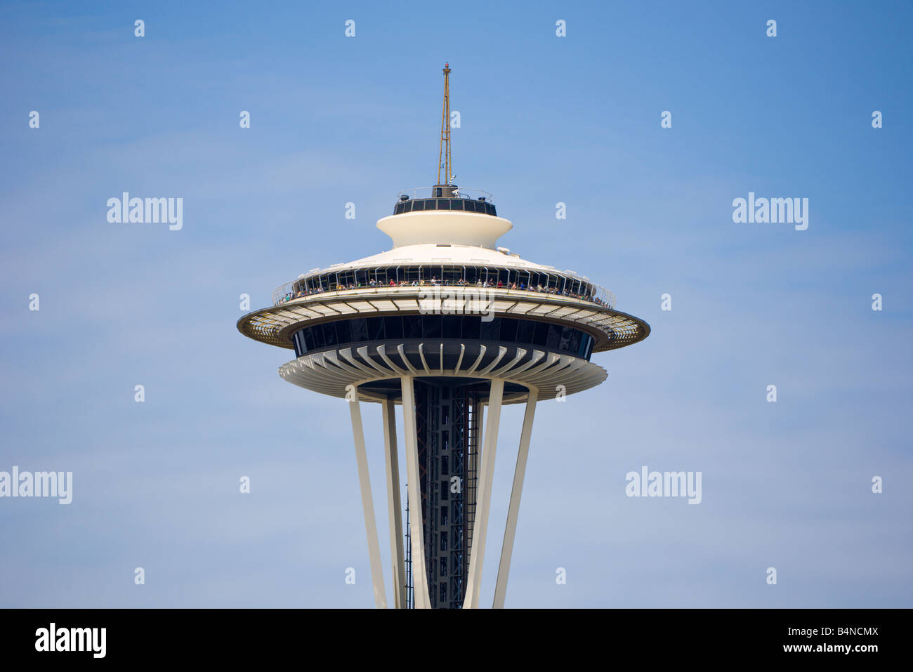 Close up shows people on observation deck of Space Needle in Seattle ...