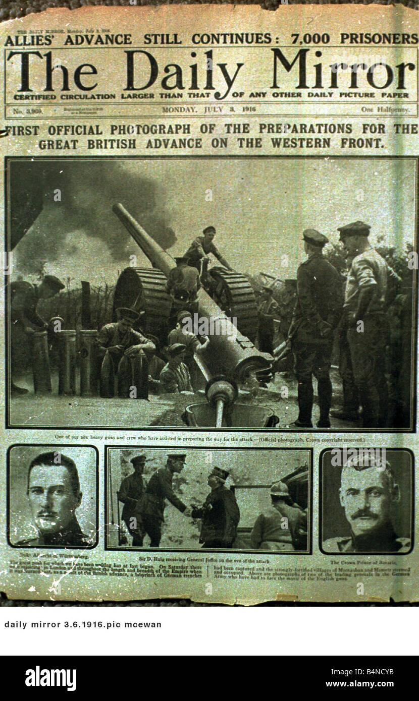 Daily Mirror 030716 3rd July 1916 showing first official photograph of ...