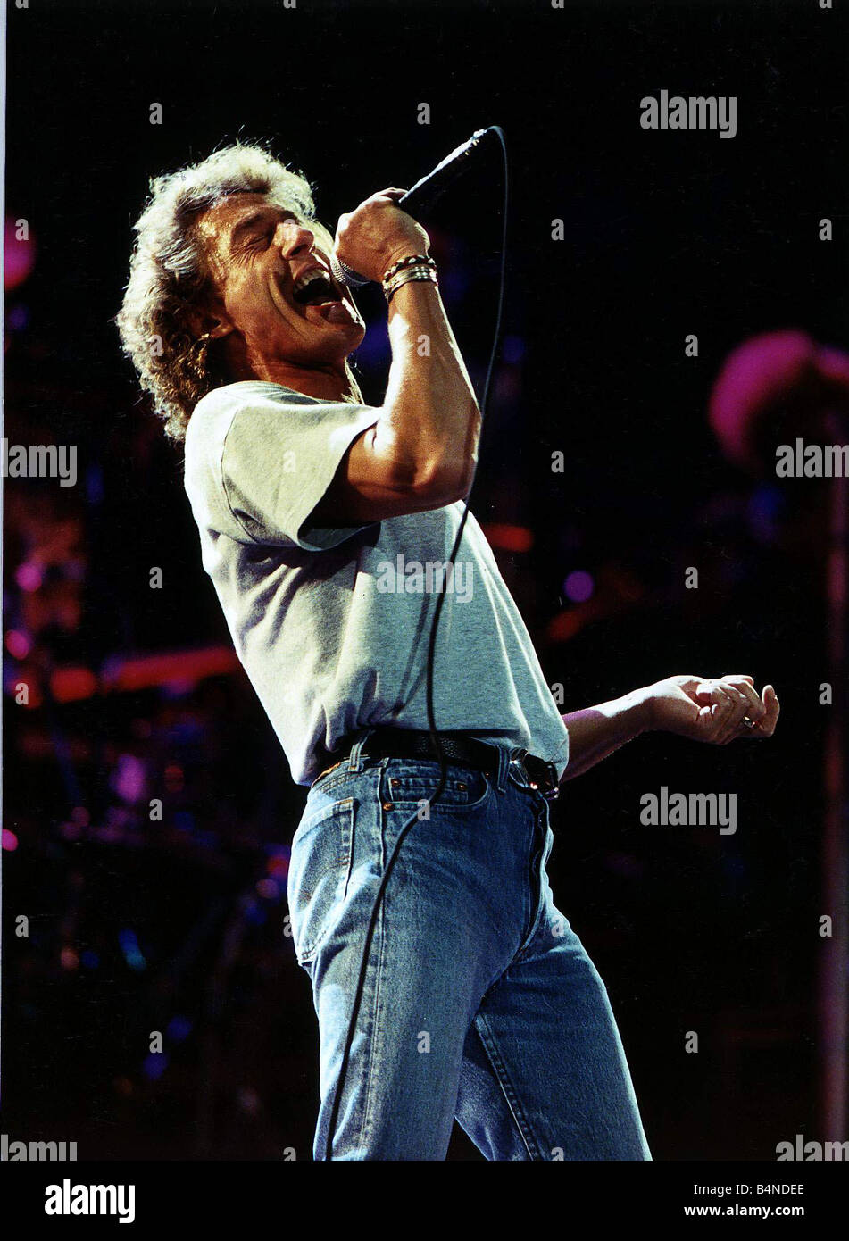 Roger Daltrey Singer from the rock group The Who singing on stage July ...
