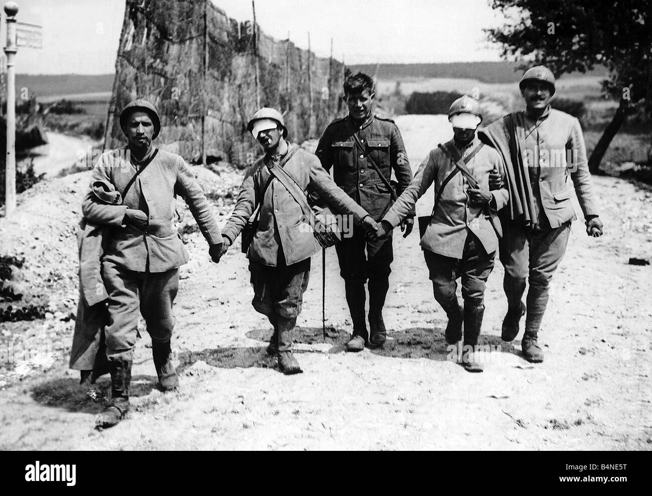World War One British French wounded soldiers walk back from the war ...