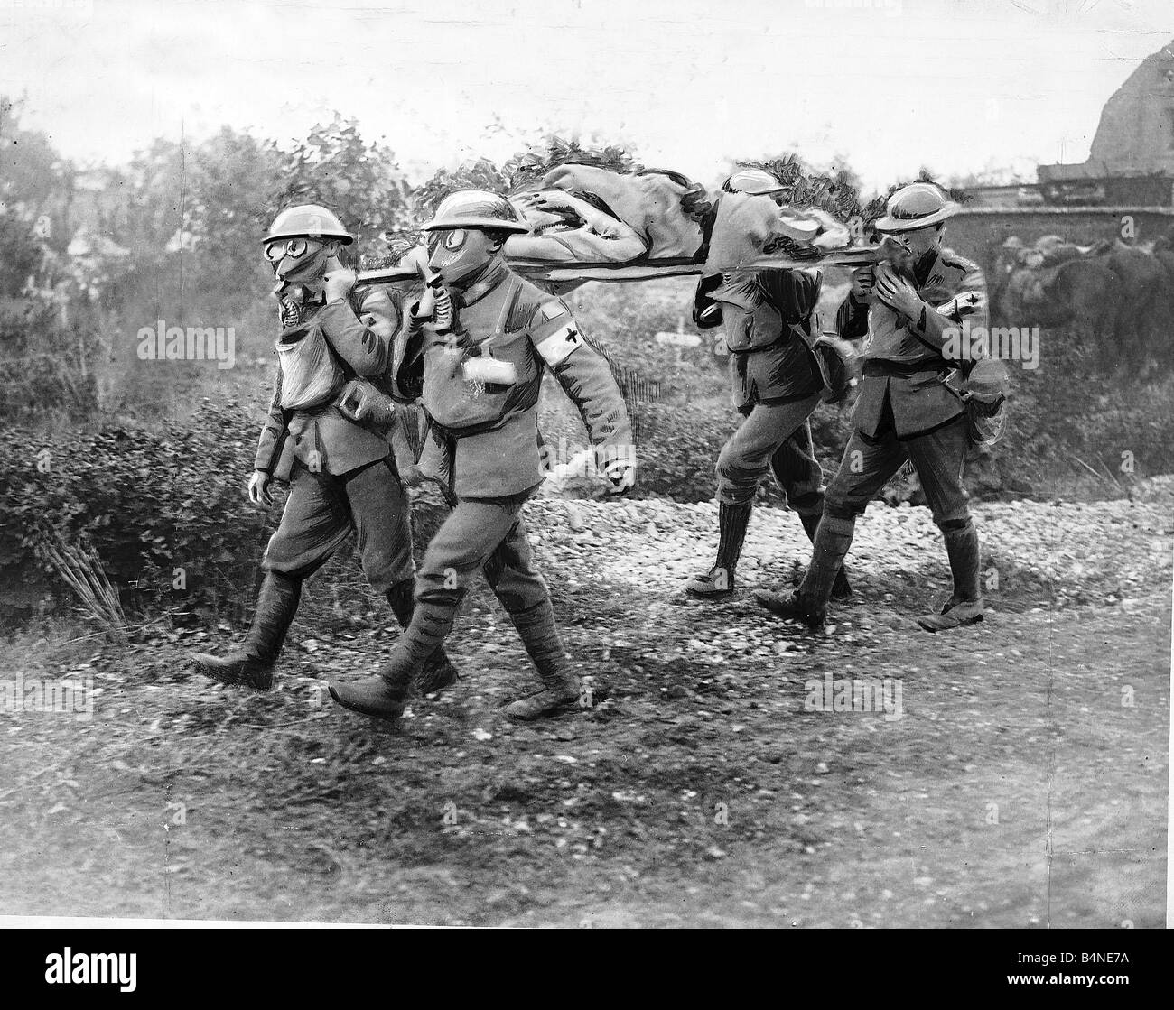 World War One Canadian Medical Corp with wounded on stretcher wearing ...