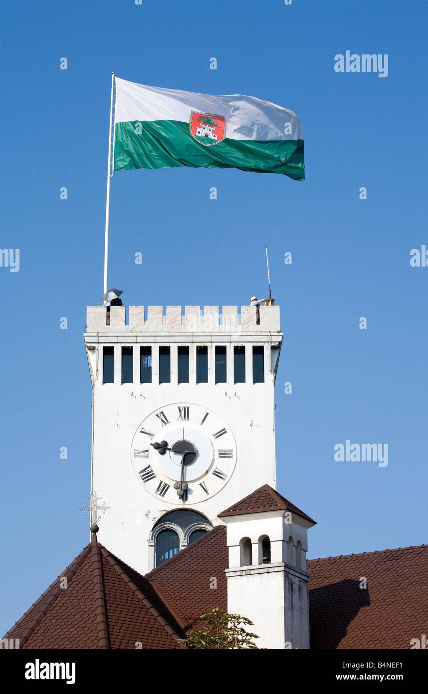 Flag with court of arms of Lubljana town flays on the top of Lubljana ...