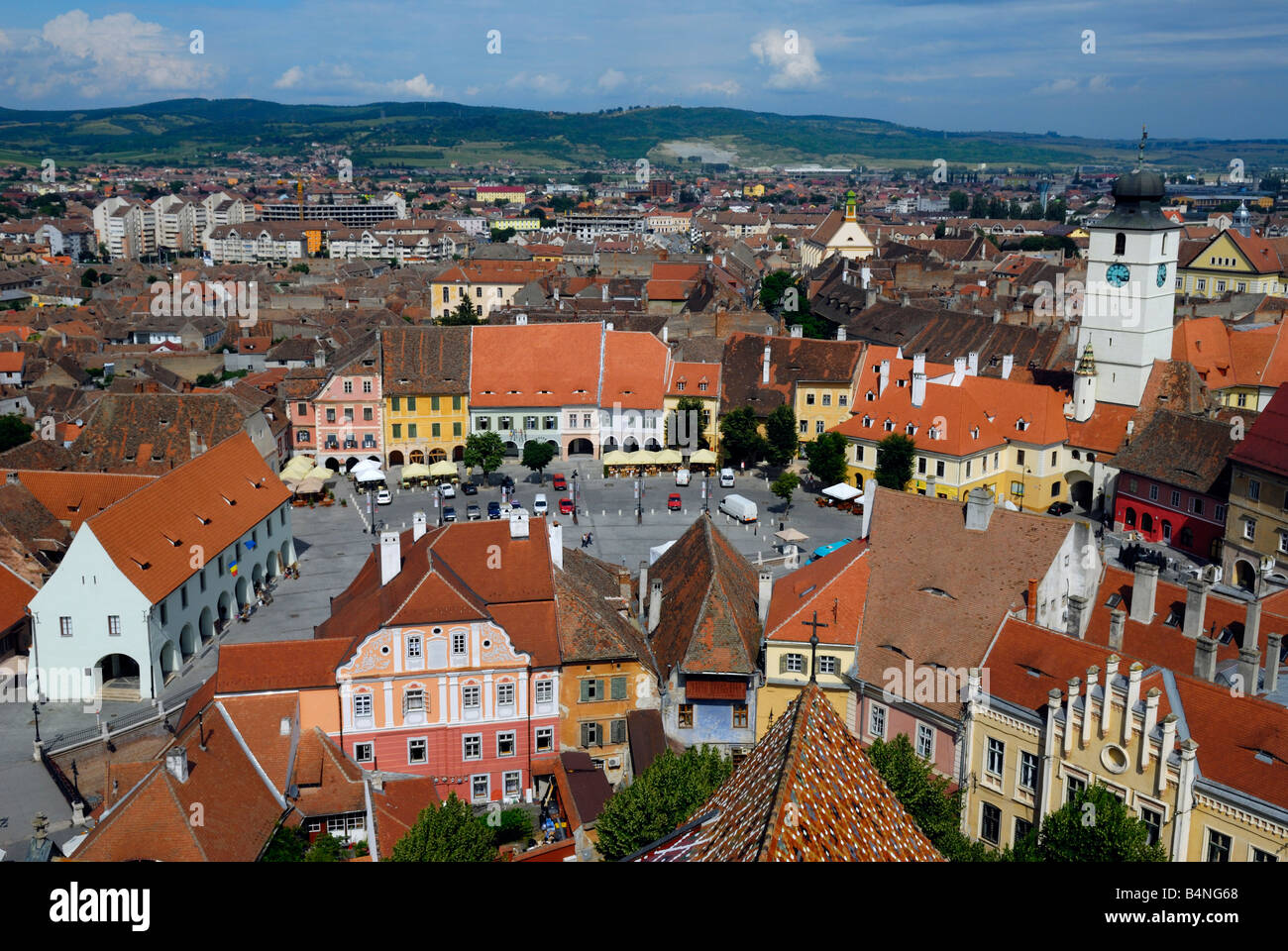 Aerial view of Piata Mica from tower of the Evangelical Cathedral Sibiu ...