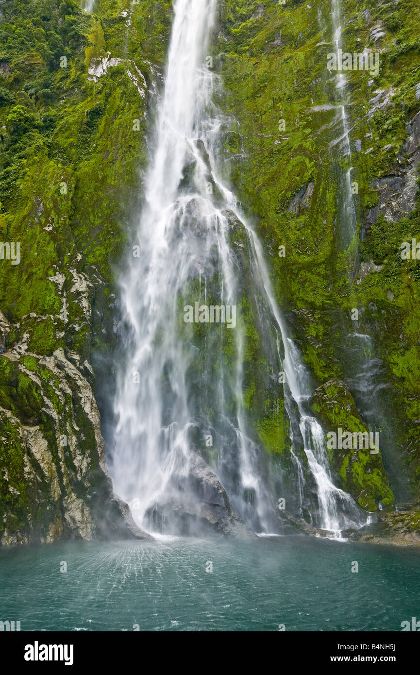 Close up of the base of Stirling Falls, Milford Sound, South Island ...