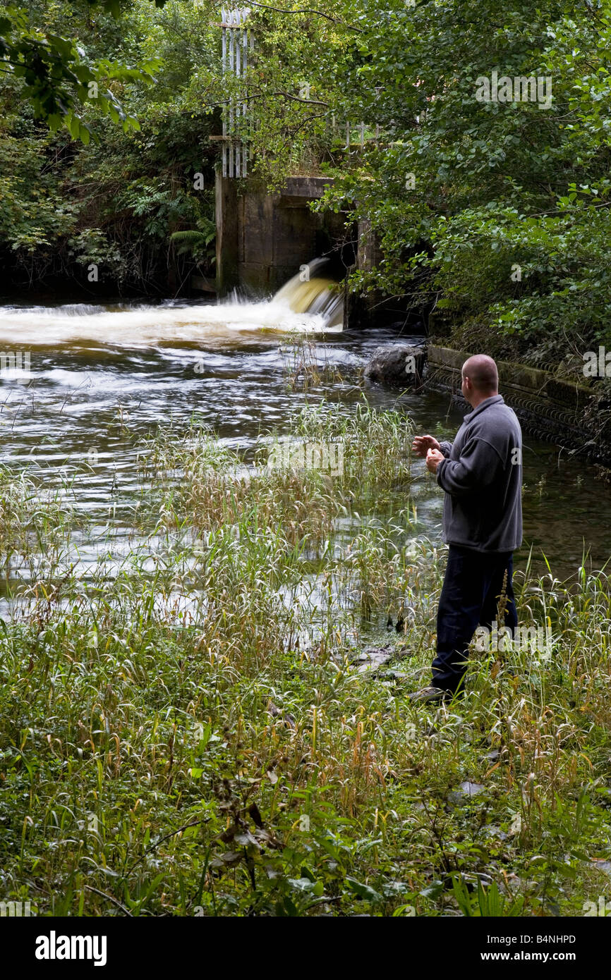 Water tail race from Dolgarrog hydro electric power turbine hall ...