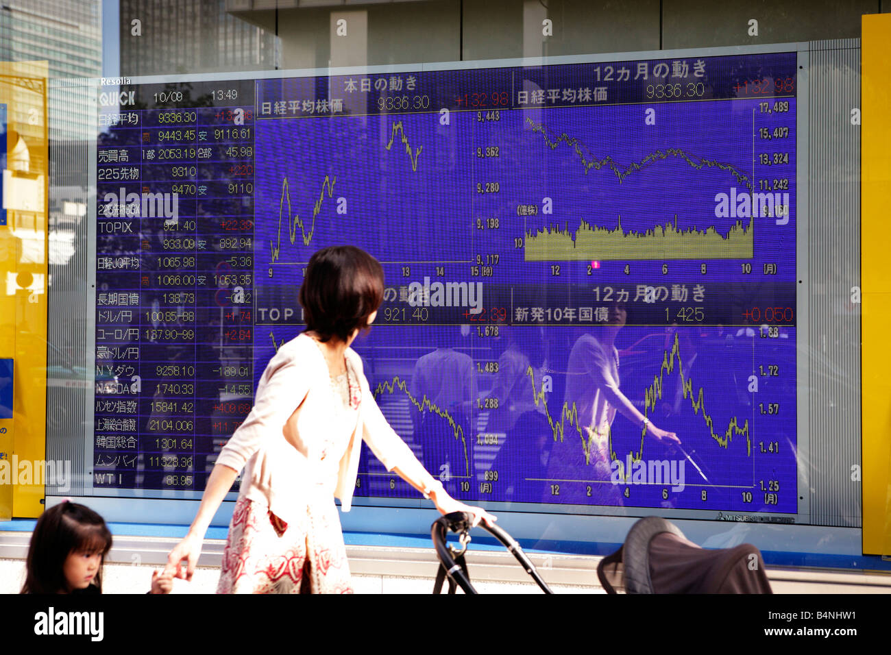 A young mother views a bank stocks and shares monitor screen showing ...