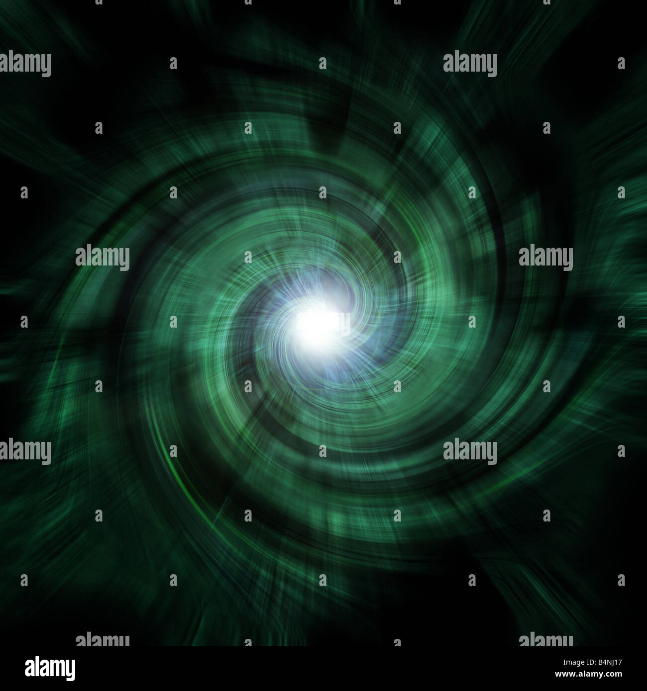 A greenish spiraling tunnel vortex complete with a central lens flare ...