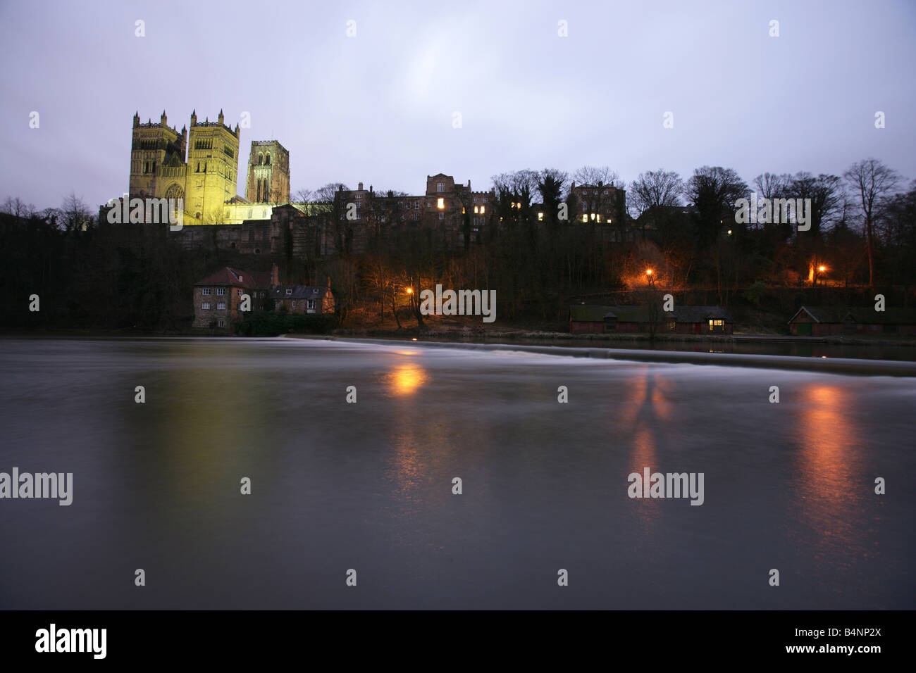City of Durham, England. Night view of the River Wear with the floodlit ...