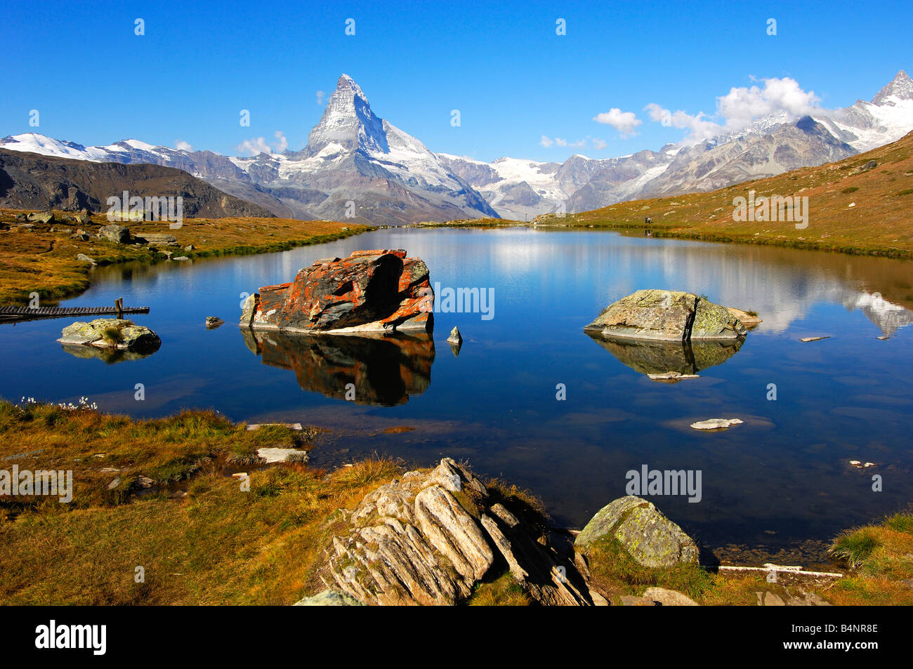 At lake Stellisee near Zermatt, Mt Matterhorn in the background ...